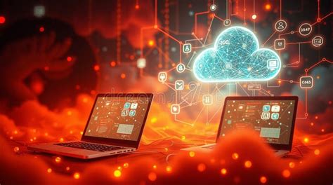 Two Laptops Connected To A Digital Cloud Network Symbolizing Data Sharing And Connectivity