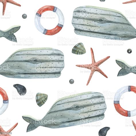 원활한 수채화 바다 패턴입니다 손으로 그린 나무 고래 구명 부표 불가사리 홍합 조개 바다 자갈 빈티지 스타일 그림입니다 흰색 배경입니다 해상 인테리어 Regatta에 대한
