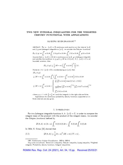 Two New Integral Inequalities For The Weighted Chebysev Pdf