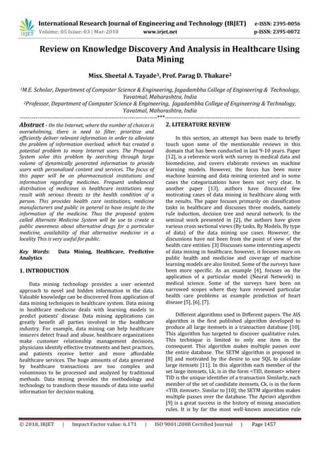 Irjet Review On Knowledge Discovery And Analysis In Healthcare Using