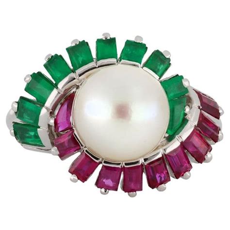 Mauboussin Pearl Ruby And Emerald Cluster Ring French Circa 1970 For