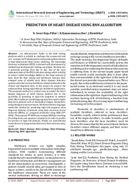 Pdf Irjet Prediction Of Heart Disease Using Rnn Algorithm