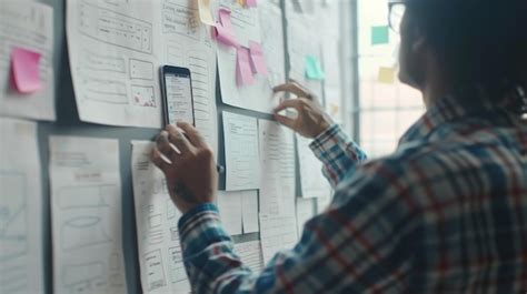 A Man Is Attaching A Wireframe Sketch To A Board Covered In Design Materials Premium Ai