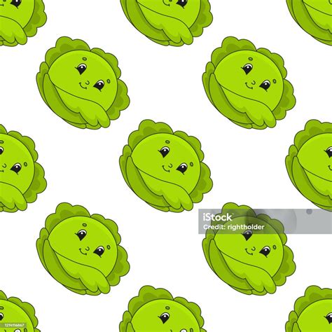행복한 양배추 귀여운 만화 캐릭터와 색이 매끄러운 패턴 흰색 배경에 격리 된 간단한 평면 벡터 그림입니다 디자인 벽지 직물 포장지 표지 웹 사이트 0명에 대한 스톡 벡터