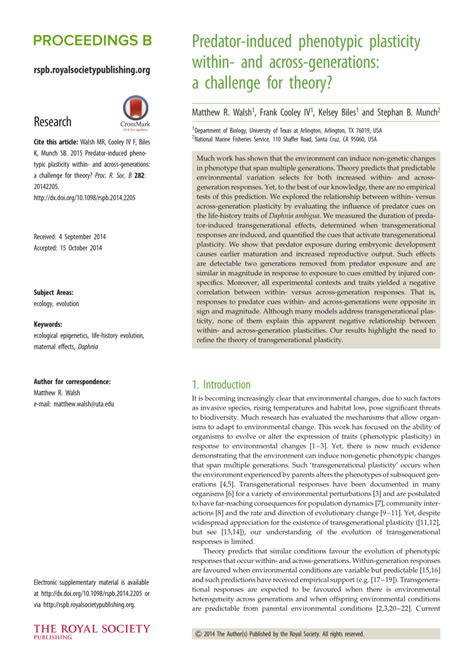 Pdf Predator Induced Phenotypic Plasticity Within And Across
