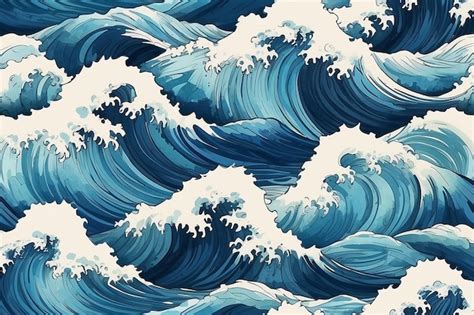 Premium Photo Blue Brush Stroke Texture With Japanese Ocean Wave Pattern In Vintage Style