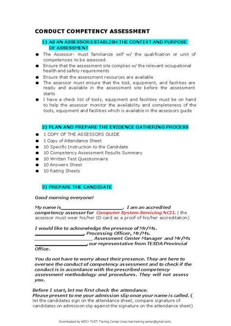 Competency Assessment Guidelines For Css Nc Ii Assessor Script Studocu