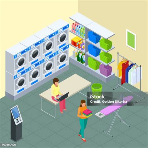 세탁 서비스 및 드라이 클리닝 개념입니다 산업용 세탁 기계 세탁에의 행입니다 철 보드 다림 질 및 세탁 Basketf입니다 평면 스타일 아이소메트릭 벡터 일러스트 레이 션