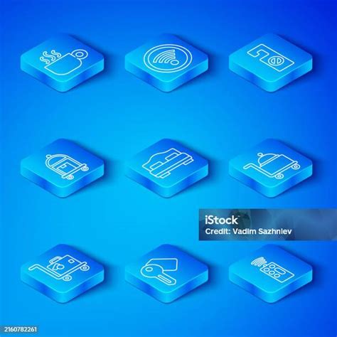 세트 라인 여행 가방 호텔 객실 침대 도어 잠금 키 트레이 커버 방해하지 마십시오 커피 컵 및 리모컨 아이콘 벡터 3차원 형태에 대한 스톡 벡터 아트 및 기타 이미지