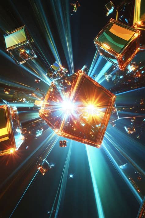 Abstract 3d Render Of Luminous Rotating Cubes With Beams Of Light On Dark Background Stock