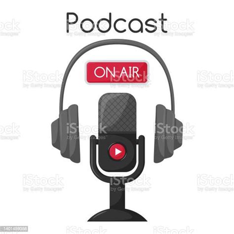 스튜디오 이어 헤드폰과 스탠드에 클래식 마이크와 빨간색 버튼 재생 빨간색 기호 방송 중 팟캐스트 녹화 음악 듣기를 위한 장비 흰색에 고립된 벡터 일러스트 레이 션 가리기에