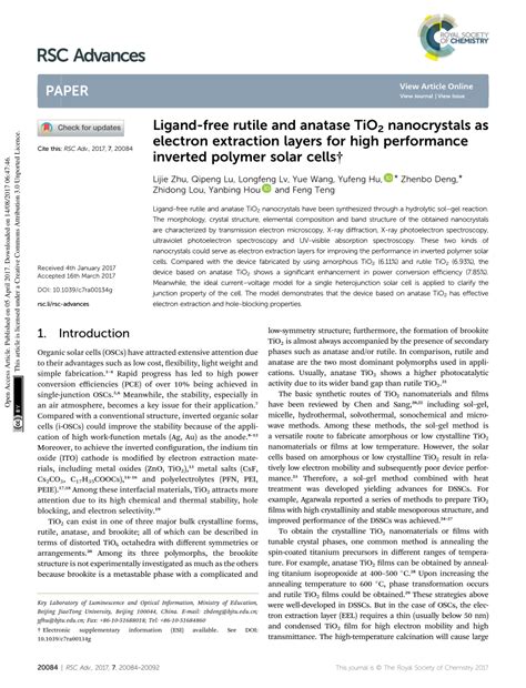 Pdf Ligand Free Rutile And Anatase Tio 2 Nanocrystals As Electron Extraction Layers For High