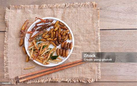 나무 테이블에 젓가락으로 바 삭 벌레와 세라믹 접시에 곤충의 혼합 단백질 음식 소스에서 곤충의 개념입니다 그것은 단백질 비타민 그리고 섬유의 좋은 소스입니다 곤충에 대한