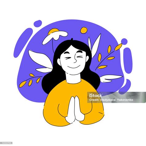 명상하는 소녀의 벡터 일러스트레이션 여자 기도 기도 은혜 명상 자연과의 일치 식물 꽃 평온 평온 사랑 평화 감사 정신 건강 개념 플랫 드로잉 Eps10 Mental