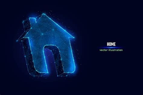 연결된 점으로 만든 홈 심볼 디지털 와이어 프레임 파란색 배경에 집 사인 낮은 폴리 벡터 그림입니다 3차원 형태에 대한 스톡 벡터 아트 및 기타 이미지 Istock
