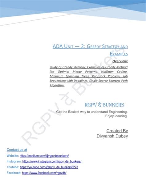 Ada Unit — 2 Greedy Strategy And Examples Rgpv De Bunkers Pdf