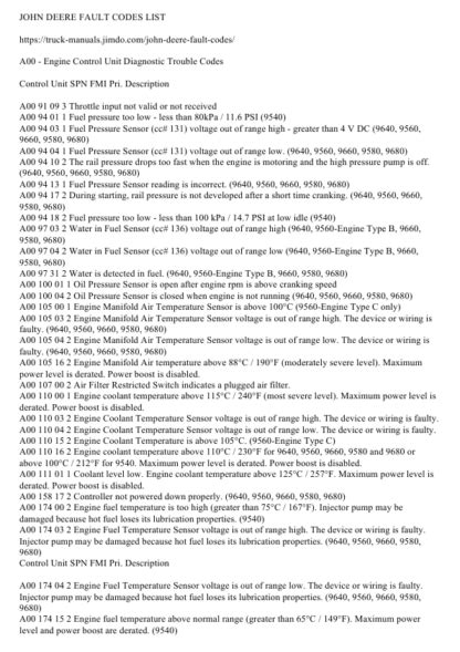 John Deere Fault Codes List