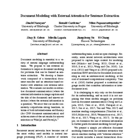 Document Modeling With External Attention For Sentence Extraction Acl Anthology