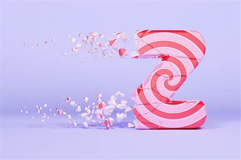 깨진된 부서진된 알파벳 편지 Z 대문자입니다 분홍색과 빨간색 줄무늬 사탕 짓 눌린된 크리스마스 글꼴에 의하여 이루어져 있다 3d 렌더링입니다 12월에 대한 스톡 사진 및