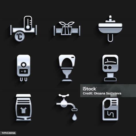 변기 수도꼭지 배수구 클리너 병 압력 수량계 세탁 세제 전기 보일러 세면대 및 산업 금속 파이프 아이콘을 설정하십시오 벡터 가정 생활에 대한 스톡 벡터 아트 및 기타 이미지