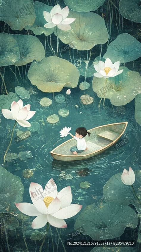 Ai创作图荷花池插画 坐在荷叶上的小姑娘 荷叶女孩插画 荷塘夏天插画 采菱角插画 荷塘泛舟 H5节气插画 夏天荷花荷叶儿童插画 荷塘插画 夏天荷塘插画 节气插画治愈系插画 荷塘泛舟图 孤舟插画