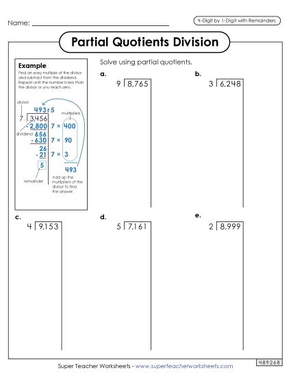 Partial Quotients 4 Digit By 1 Digit Division With Remainders Printable Pdf Worksheet