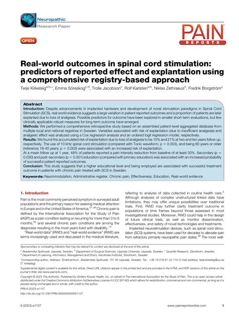 Pdf Real World Outcomes In Spinal Cord Stimulation Predictors Of Reported Effect And