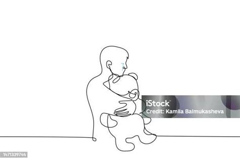 테디 베어를 껴안고 우는 남자 한 선 그리기 개념 심리학 세션 성인의 내면의 아이 외로움 아이의 상실 슬픔과 분개 아이에 대한 스톡 벡터 아트 및 기타 이미지 Istock