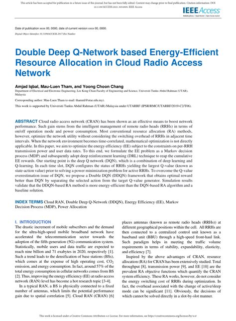 Pdf Double Deep Q Network Based Energy Efficient Resource Allocation In Cloud Radio Access Network