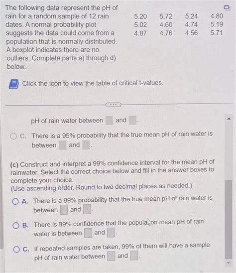 Solved Click The Icon To View The Table Of Critical T Va