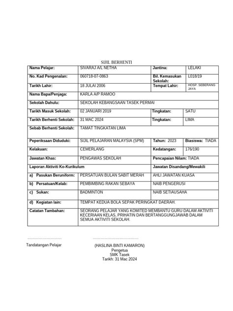 Template Sijil Berhenti Spm 2023 Sivaraj Pdf