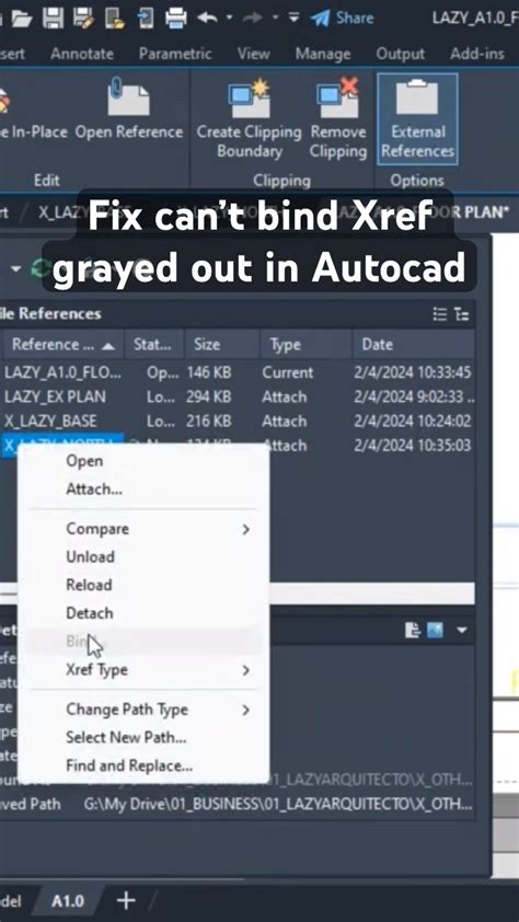 Fix Cant Bind Xref Grayed Out In Autocad Autocad Xref Tips 13 Youtube