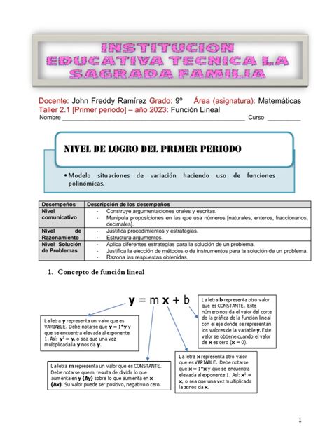 2023 09 Primero Taller 21 Funcion Lineal Descargar Gratis Pdf
