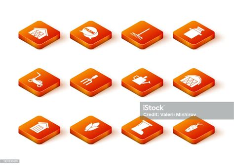 세트 나무 야외 화장실 옥수수 잔디 깎는 기계 정원 레이크 방수 고무 부츠 급수 캔 당근과 농장 집 아이콘 벡터 3차원 형태에 대한 스톡 벡터 아트 및 기타 이미지 Istock