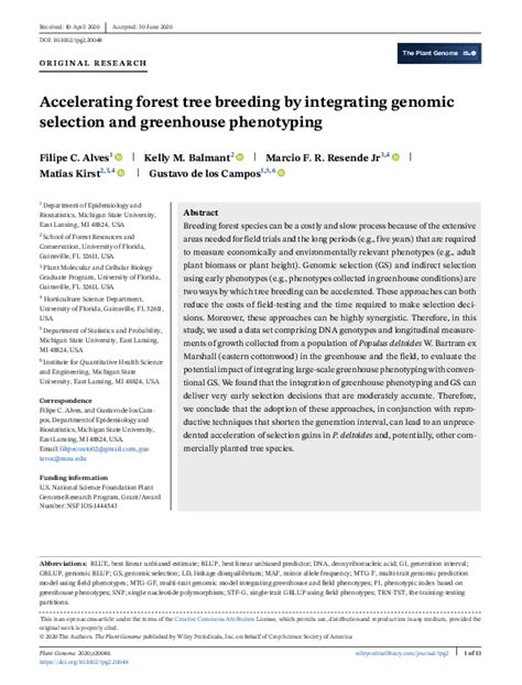 Pdf Accelerating Forest Tree Breeding By Integrating Genomic Selection And Greenhouse Phenotyping