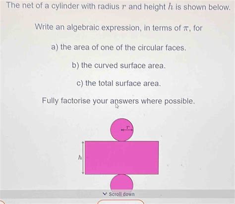 Solved The Net Of A Cylinder With Radius R And Height Is Shown Below