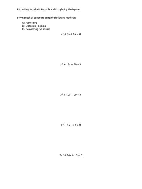 Factorising Quadratic Formula And Completing The Square Pdf
