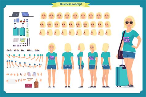 여성 관광 휴가 여행자 캐릭터 생성을 설정합니다 전체 길이 조회 감정 제스처 황갈색 피부 색조 백색 배경 당신의 자신의 디자인을 구축 합니다 가방에 대한 스톡 벡터 아트 및