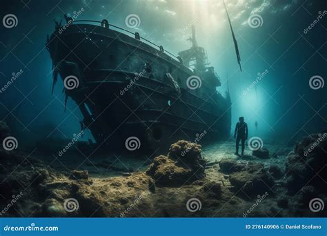 Scuba Divers Exploring A Sunken Shipwreck Underwater Mysteries High Quality Generative Ai