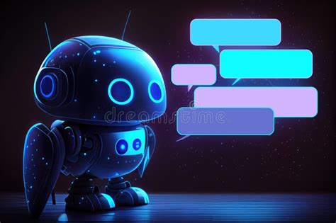 Blue Robot With Speech Bubble On Dark Background Artificial Intelligence Concept Generative Ai