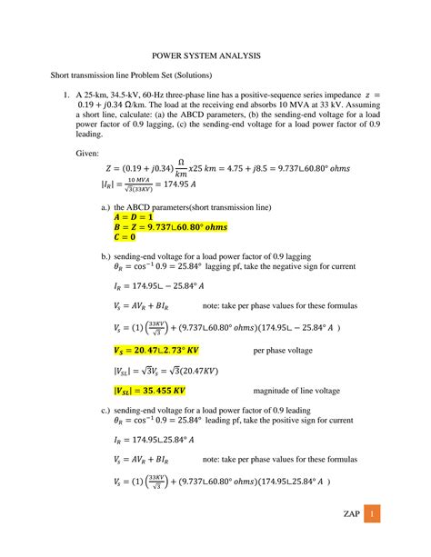 SOLUTION Power System Analysis Short Transmission Line Problem Set With Solution Studypool