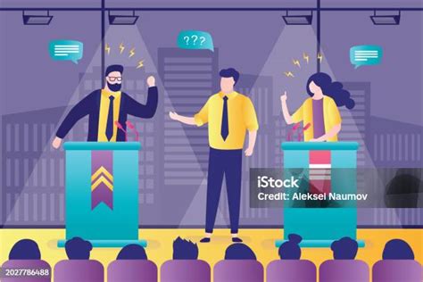토크쇼를 보고 있는 시청자들 투표 전 정치 Tv 토론 트리뷴과 발표자 또는 앵커맨 뒤에 서있는 사람들의 만화 캐릭터가있는
