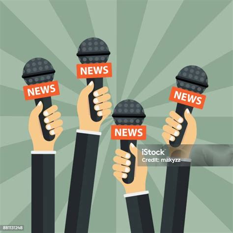 기자 손에 마이크로폰입니다 마이크 녹색 배경에 고립의 집합입니다 매스 미디어 텔레비전 인터뷰 뉴스 속보 기자 회견 개념 평면 벡터 일러스트입니다 개념에 대한 스톡 벡터 아트