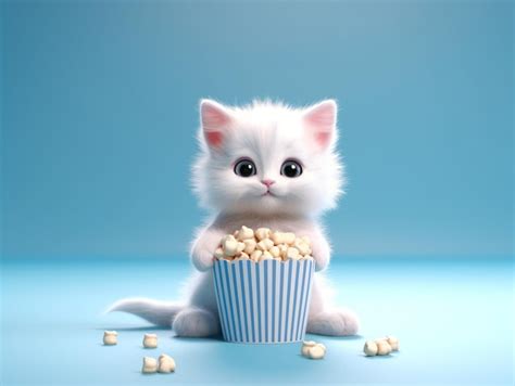 Premium Photo Three Dimensional Animation Cute Kitten Eating A Popcorn With Blue Sky Background