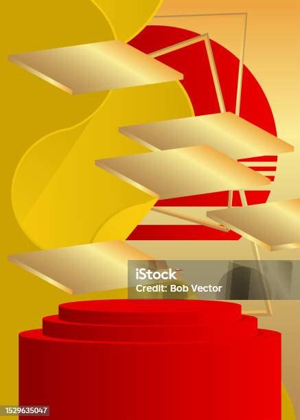 금색 빨간색 노란색 무대 쇼케이스 벡터 모형 제품 디스플레이 추상 실린더 받침대 연단 최소한의 기하학적 형태 0명에 대한 스톡 벡터 아트 및 기타 이미지 Istock