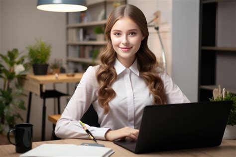 Premium Ai Image Close Up Portrait Of Young Beautiful Woman Smiling While Working In Office