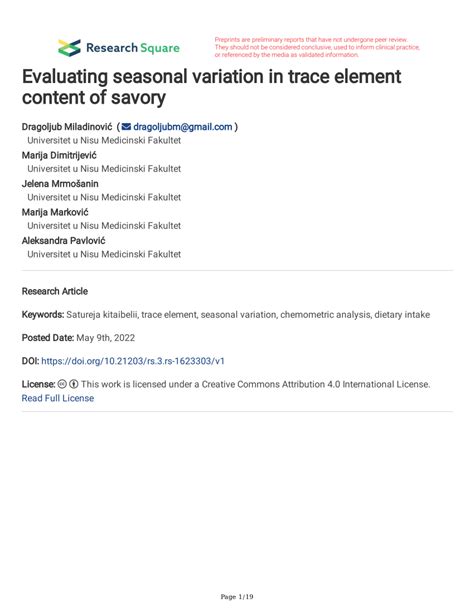 Pdf Evaluating Seasonal Variation In Trace Element Content Of Savory