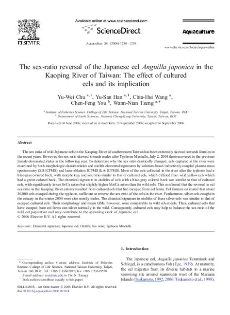 Pdf The Sex Ratio Reversal Of The Japanese Eel Anguilla Japonica In The Kaoping River Of