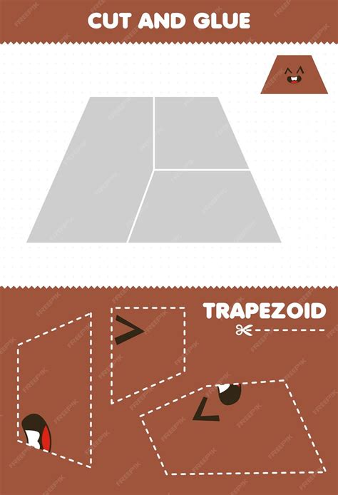 어린이를 위한 교육 게임은 귀여운 만화 기하학적 모양 사다리꼴의 퍼즐 조각을 잘라서 붙이고 인쇄 가능한 워크시트에 붙입니다 프리미엄 벡터