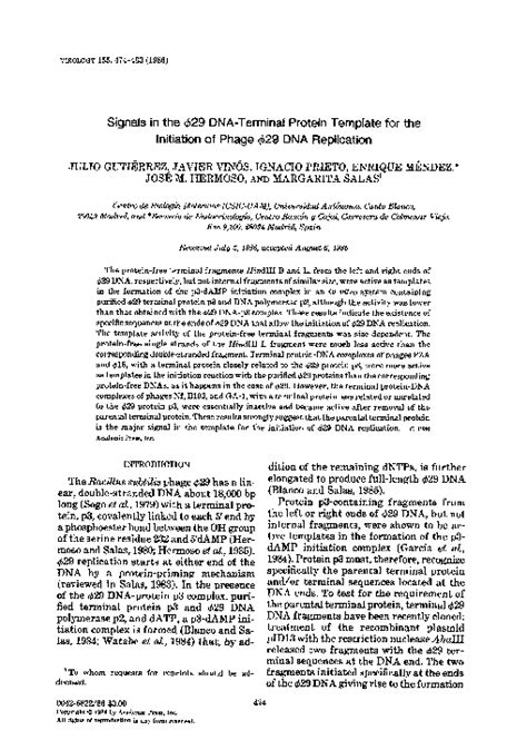 Pdf Signals In The φ29 Dna Terminal Protein Template For The Initiation Of Phage φ29 Dna